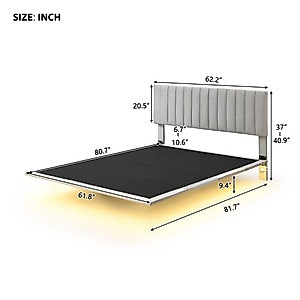 anwickjeff Modern Queen Size Velvet Upholstered Bed Frame with Smart Led Light and Headboard, Floating Bed Frame Queen Size for Kids, Smart Bed, Bedroom Sets (Gray)