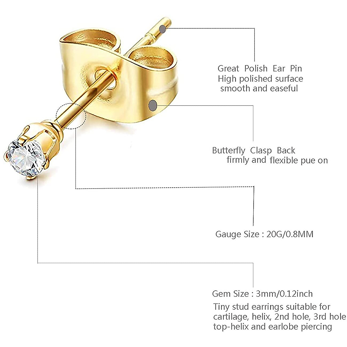 14K Gold Plating Tiny 3MM CZ Stud Earrings Micro 20G Cartilage Piercing Ear Studs Mini Cubic Zirconia Post Earrings for Women&Men…