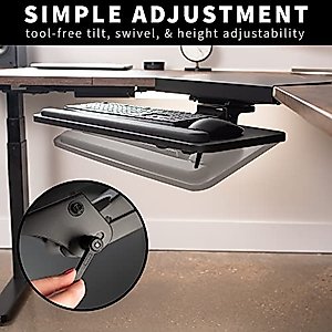 VIVO Adjustable Computer Keyboard and Mouse Platform Tray with Corner Connector, Ergonomic Under Table Desk Mount Drawer for L-Shaped Workstations, Underdesk Shelf, Black, MOUNT-KB03B-C