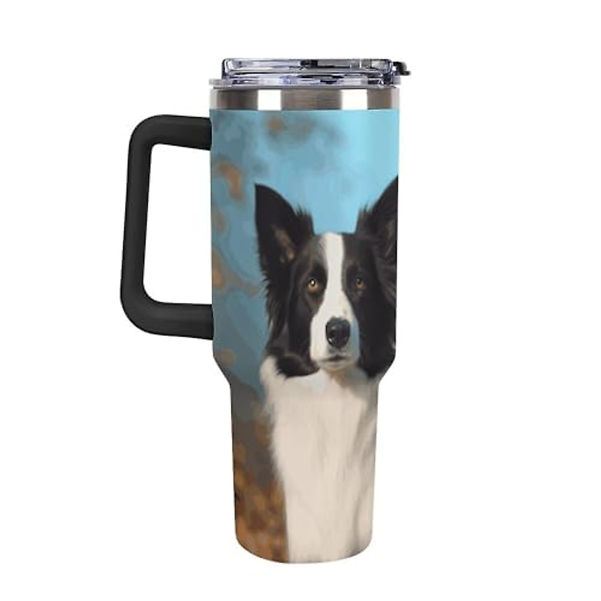 LLUTSNTH 40 Oz Vacuum Tumbler with Black Handle Leakproof Insulated Tumbler Border Collie Stainless Steel Travel Mug with Lid And Straw Coffee Cup Cute Water Bottles Cup Holder Friendly