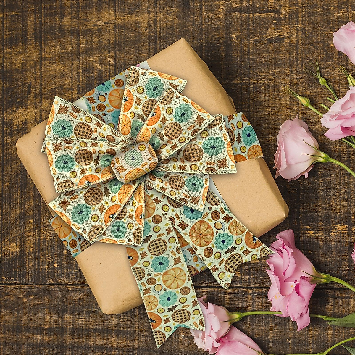 ACSENCETER Hello Autumn Wired Ribbon Thanksgiving Pumpkin Orange Pattern Gift Wrap DIY Holiday Craft Wrapping Craft Decorations Halloween Tree Toppers 2.5" x 10 Yards