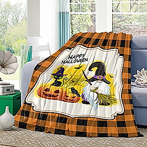 Throw Blanket- Halloween Soft Warm Plush Fleece Bed Throw,50x60In Flannel Blankets Glowing Gnome with Pumpkins Cats Bedding Throws for Women/Men Bedroom Living Room Office Decor Buffalo Gingham
