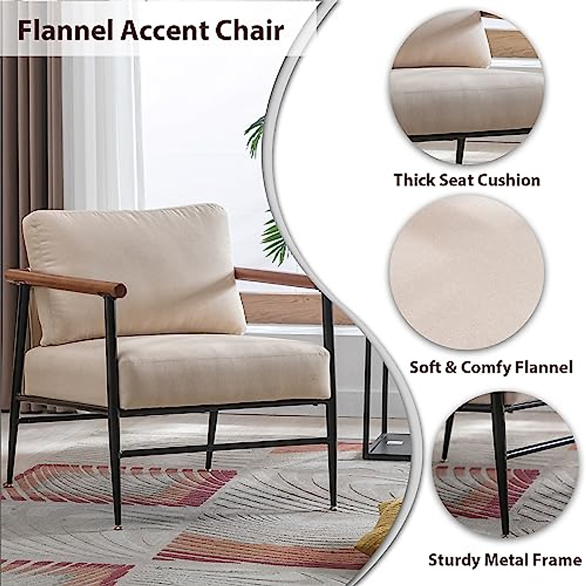 ANJHOME Mid Century Modern Accent Chairs Set of 2, Fabric Lounge Chair with Steel Frame, Comfy Simple Upholstered Armchair for Living Room