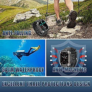Military Smart Watches for Men 5ATM Waterproof Rugged Bluetooth Call(Answer/Dial Calls) 1.7'' Tactical Outdoor Fitness Watch with Heart Rate Blood Pressure Sleep Monitor for iPhone Android Phone