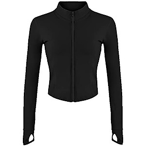 Hvewarm Women's Cropped Athletic Bbl Jacket Seamless High Low Hem Zipper Thumbhole Workout Sportwear(ABlack-S)