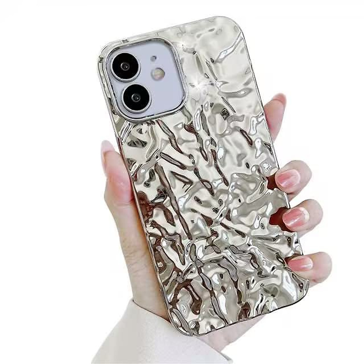 Yebowe Compatible with iPhone 12 Mini Case, Cute 3D Tin Foil Pleated Luxury Phone Cover for Women Girls Cool Bling Designer Soft Slim Case for iPhone 12 Mini Silver