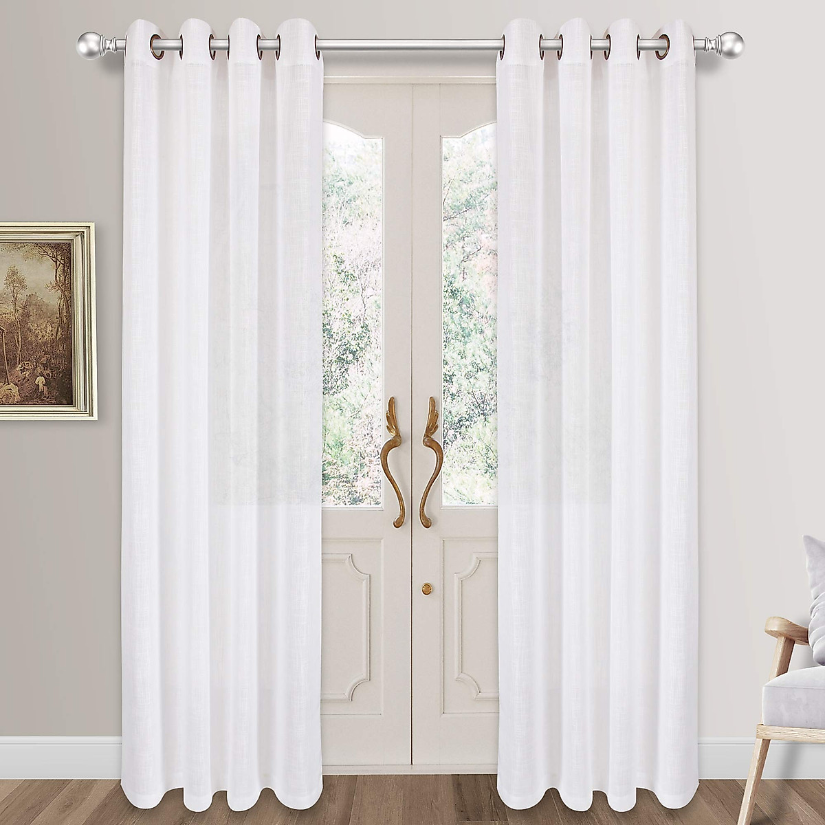 VOILYBIRD Palma Bronze Grommet Semi Sheer Curtains 84 Inch Length Light Filtering Draperies for Patio Door (52''W x 84''L, 2 Panels, White)