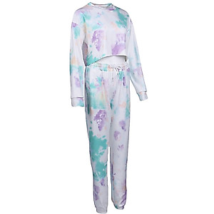 WephuPSho Women's 2 Piece Tracksuits Outfit Set Tie Dye Round Neck Long Sleeve Crop Top+ Trousers Casual Fall Clothes Sports Sweatsuit (Light green, S)