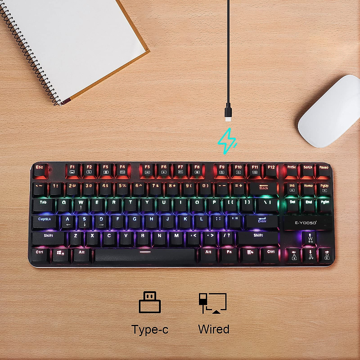E-YOOSO Mechanical Keyboard LED Backlit Gaming Keyboard with Blue Switches, Compact 87 Key Ultra Slim Wired Keyboard for Desktop/PC/Laptop/Mac/Smart TV and Windows 10/8/ 7 (Red Switch)