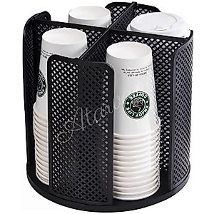 Rotatable Coffee Cup Dispenser with 4 Compartments, Atavarna Cups and Lids Holder for 5-16oz Cups Organizer for Restaurant, Coffee Station, Bar, Office, Home-9.25" x 9.25" x 8.66"