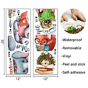 Mfault Once Upon a Time Reading Animals Wall Decals Stickers, Motivational Fox Elephant Owl Hedgehog Reading Books Nursery Decoration Classroom Bedroom Art, Kids Toddlers Study Room Library Decor