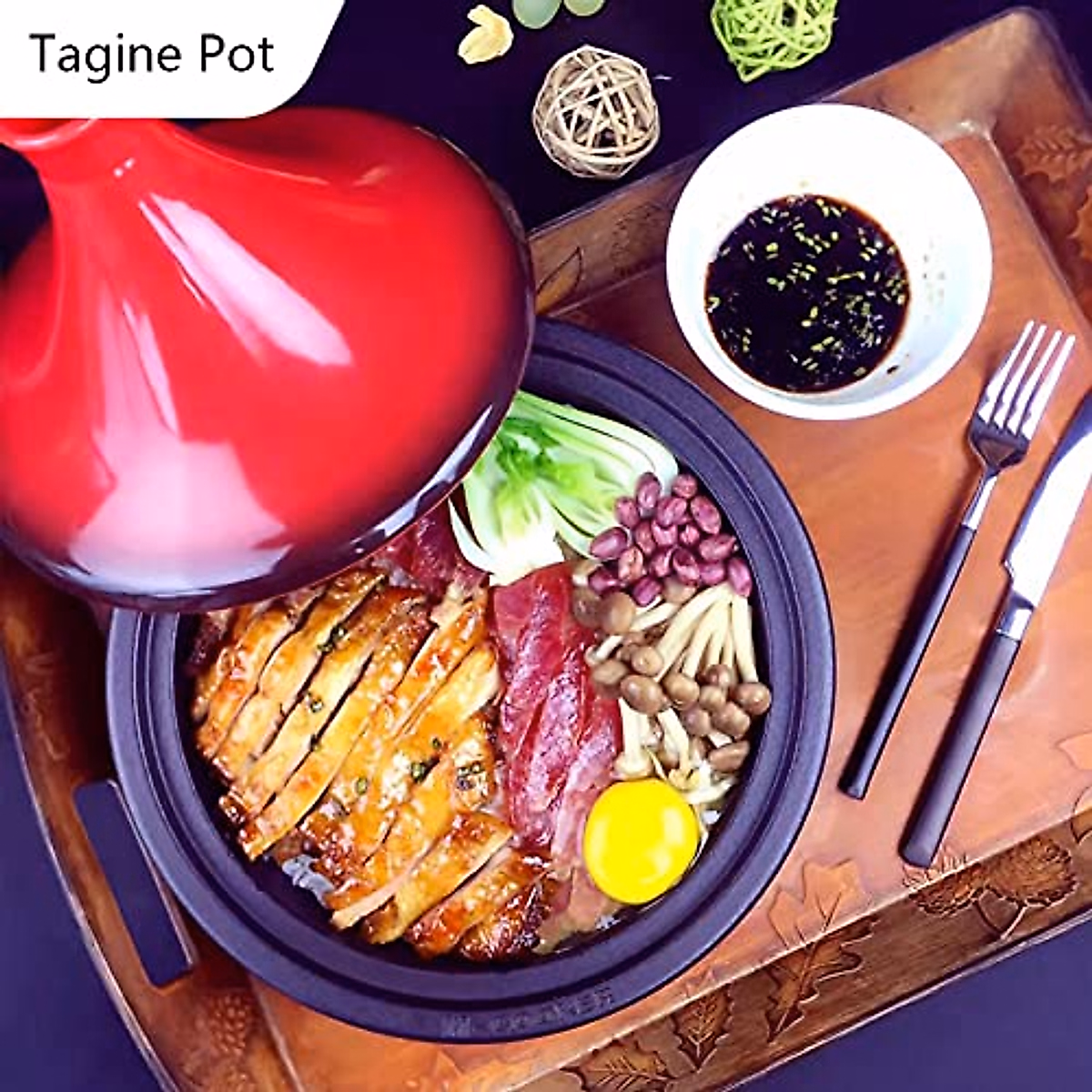 Enameled Cast Iron Tagine Pot Moroccan Cooking Pot Tajine Cookware with Cone-Shaped Closed Lid And Base for Stew Casserole Slow Cooker (Lemon Yellow)