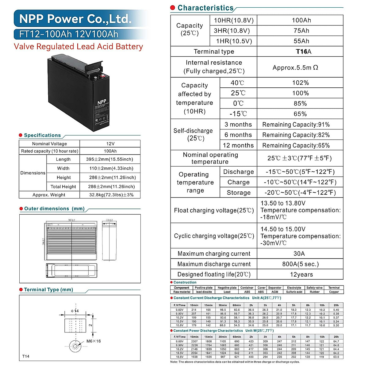 NPPower FT12-100Ah (4 Pcs) 12V 100Ah Front Access AGM Deep Cycle SLA Battery | The Ultimate Battery You Can Feel Confident | for Telecommunication System, UPS and Off-Grid Solar System