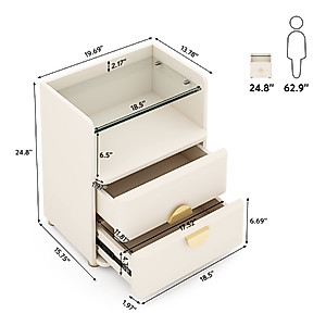 Tribesigns Nightstands, 2-Drawer Modern Night Stand with Open Storage Space, Wood Bed Side Table for Bedroom, Tempered Glasses End Table with Gold Round Metal Legs for Living Room, Easy Assembly