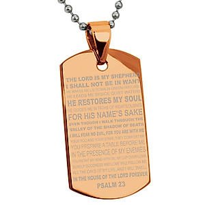 Tioneer Rose Gold Stainless Steel Psalms 23 Bible Verse Dog Tag Pendant Necklace