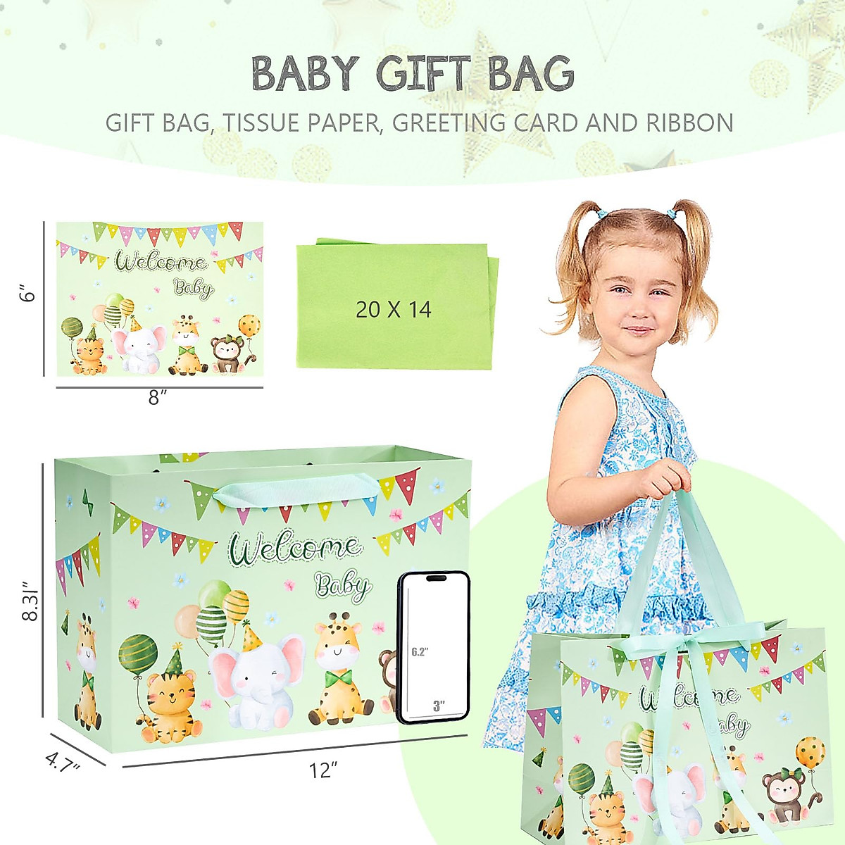 JOHOUSE Baby Gift Bag, 12" Paper Bag with Tissue Paper Ribbon Greeting Card Large Gift Bag for Baby Boy Girl Shower Newborn 1st Birthday Gender Reveal Party Green