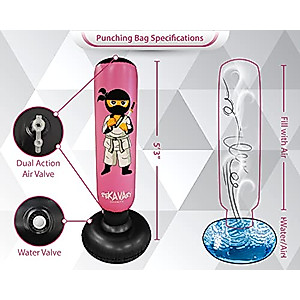Pink Inflatable Punching Bag for Kids Complete with Boxing Gloves and Pump. for immediate Bounce Back for Practicing Mixed Martial Arts, Boxing, Taekwondo, Karate. Perfect Toy for Girls 4-12