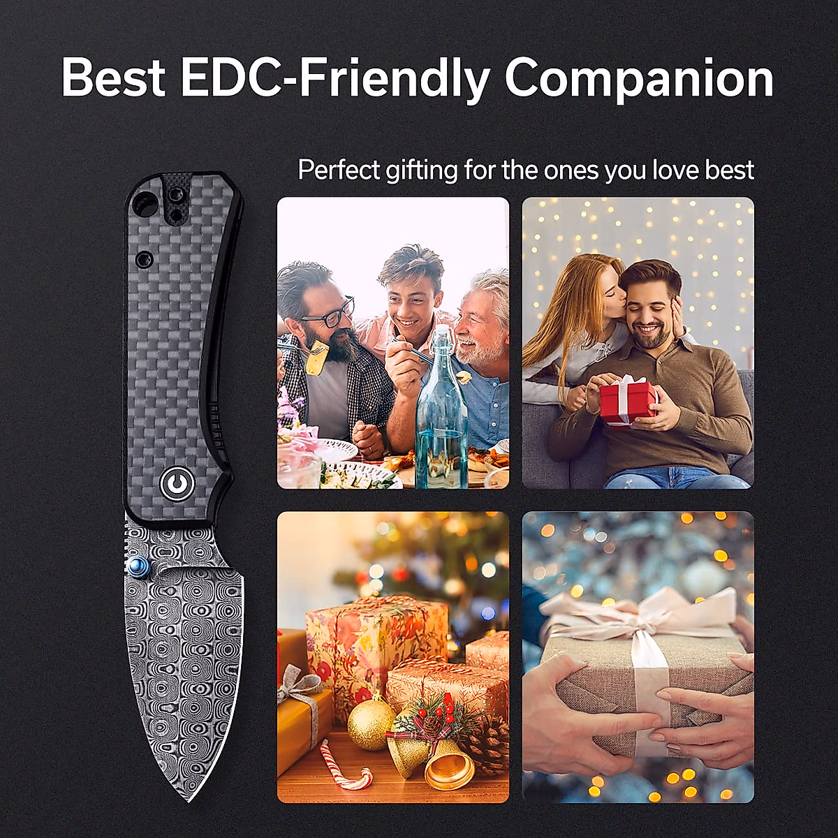 CIVIVI Small Pocket Knife for EDC, Ben Petersen Folding Knife Baby Banter with 2.34" Damascus Blade Carbon Fiber Overlay on G10 Handle, Titanium Thumb Stud Opener C19068S-DS1