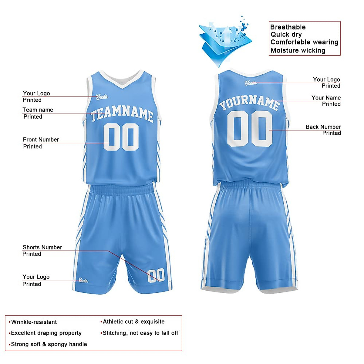 Custom Reversible Basketball Jersey for Men Women Adult Youth Print Name Number Logo (Light Blue-White)