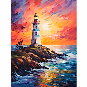 Lighthouse Seaside Sunset Colorful 5D Adult Diamond Art,DIY Diamond Art Painting Kit for Decor Canvas 11.7x15.7inch/30x40cm