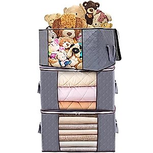 SlowlyTalk Clothes Storage Bag Organizer, Large Capacity Foldable Clothing Storage Bins with Clear Window, Sturdy Zipper and Reinforced Handle for Organizing Comforters, Blankets Closet Bedding Pillows, 90L, Grey (3 Pack)