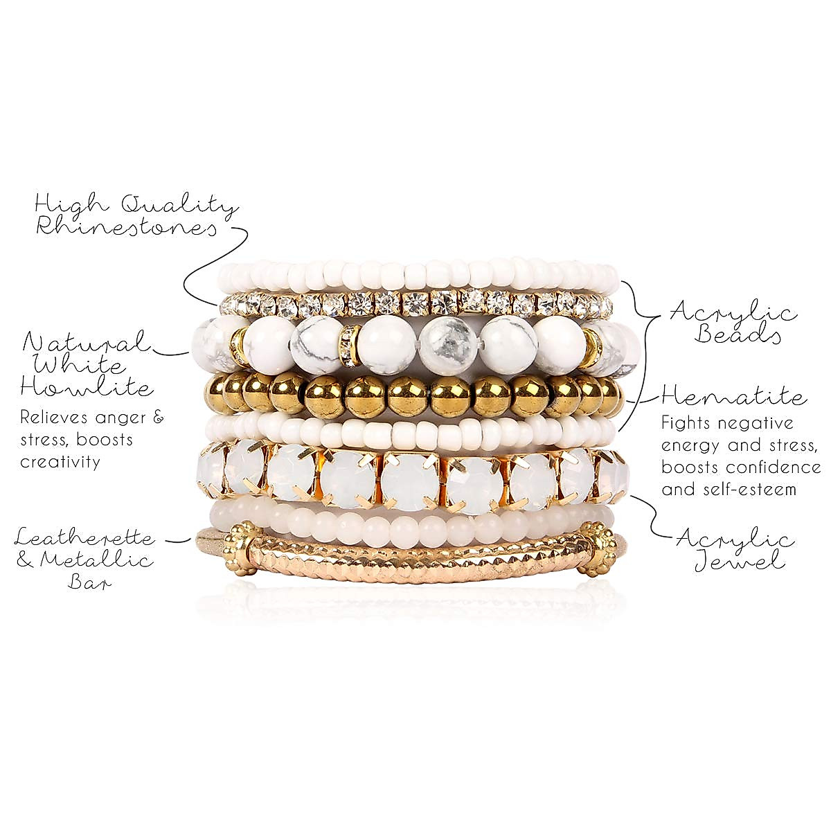 RIAH FASHION Multi Color Stretch Beaded Stackable Bracelets - Layering Bead Strand Statement Wrap Bangles (Natural Stone - White Howlite/Gold, 7.0 Inches)