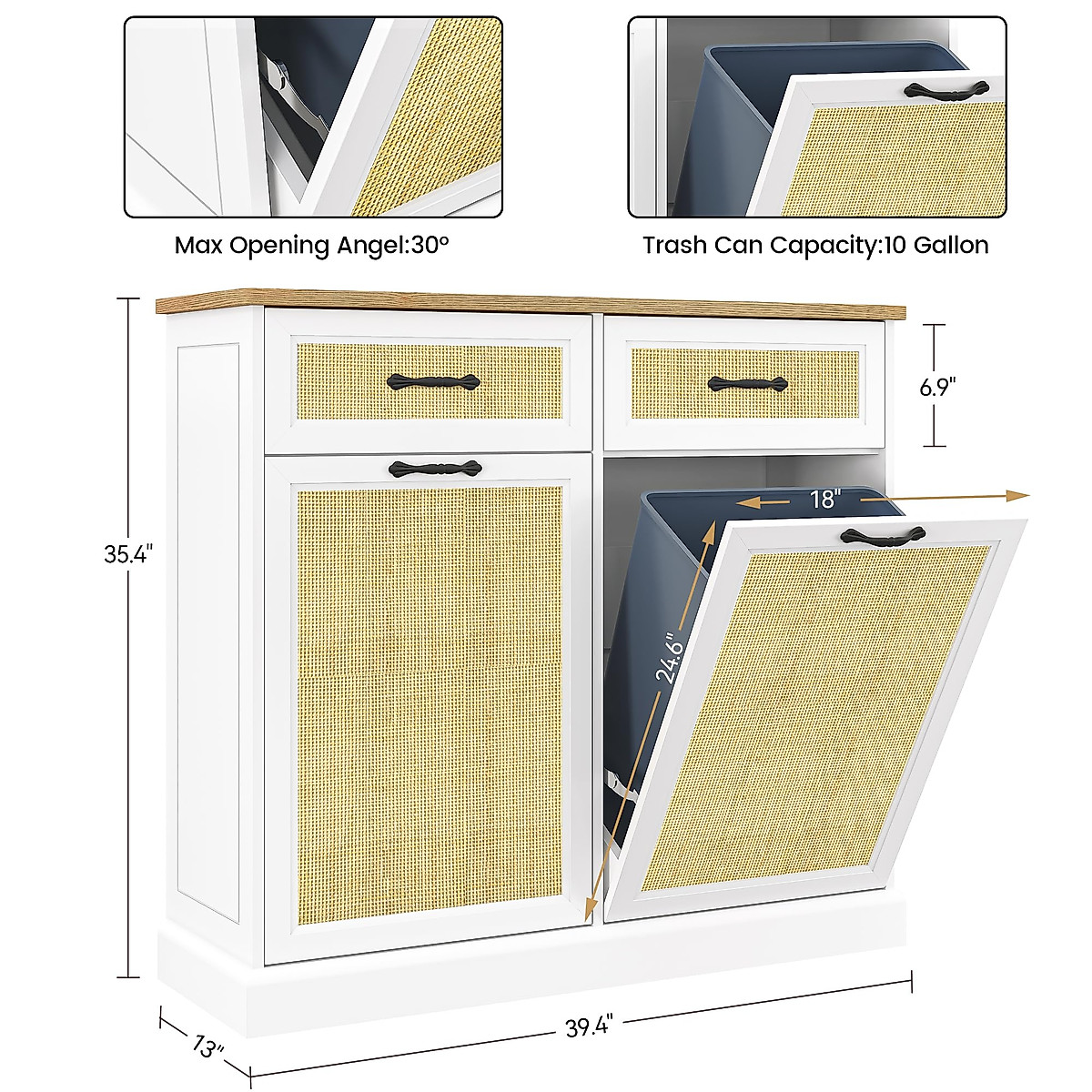 IDEALHOUSE Double Tilt Out Trash Cabinet with Natural Rattan, Hidden Trash Can Cabinet 10 Gallon Storage Holder, Freestanding Garbage Bin Cabinet for Kitchen Dining Living Room