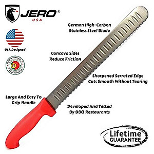 Jero Pitmaster Series Serrated Concavo Slicer - Wide 12" Granton Serrated Edge Blade - Manufactured From German High-Carbon Stainless Steel - Ergonomic Easy Grip Polymer Handle - Ultimate Meat Slicer