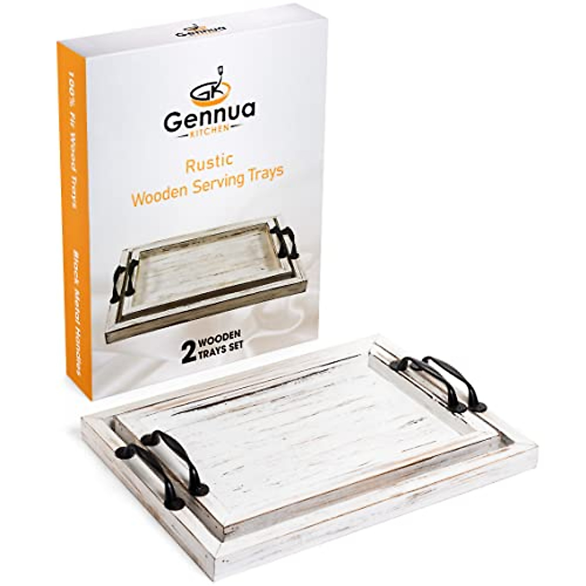 Gennua Kitchen Rustic Wooden Serving Tray Set with Metal Handles | 2 Nesting Decorative Trays for Coffee Table, Ottoman, Countertop & More with Distressed White Finish to Complement Any Decor
