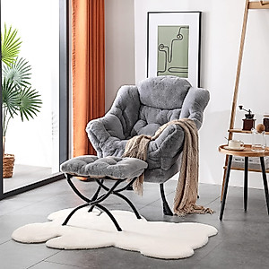Welnow Lazy Chair with Ottoman, Modern Lounge Accent Chair with Armrests and a Side Pocket, Leisure Sofa Chair Set, Reading Chair with Footrest for Small Space, Corner Chair, Plush Grey