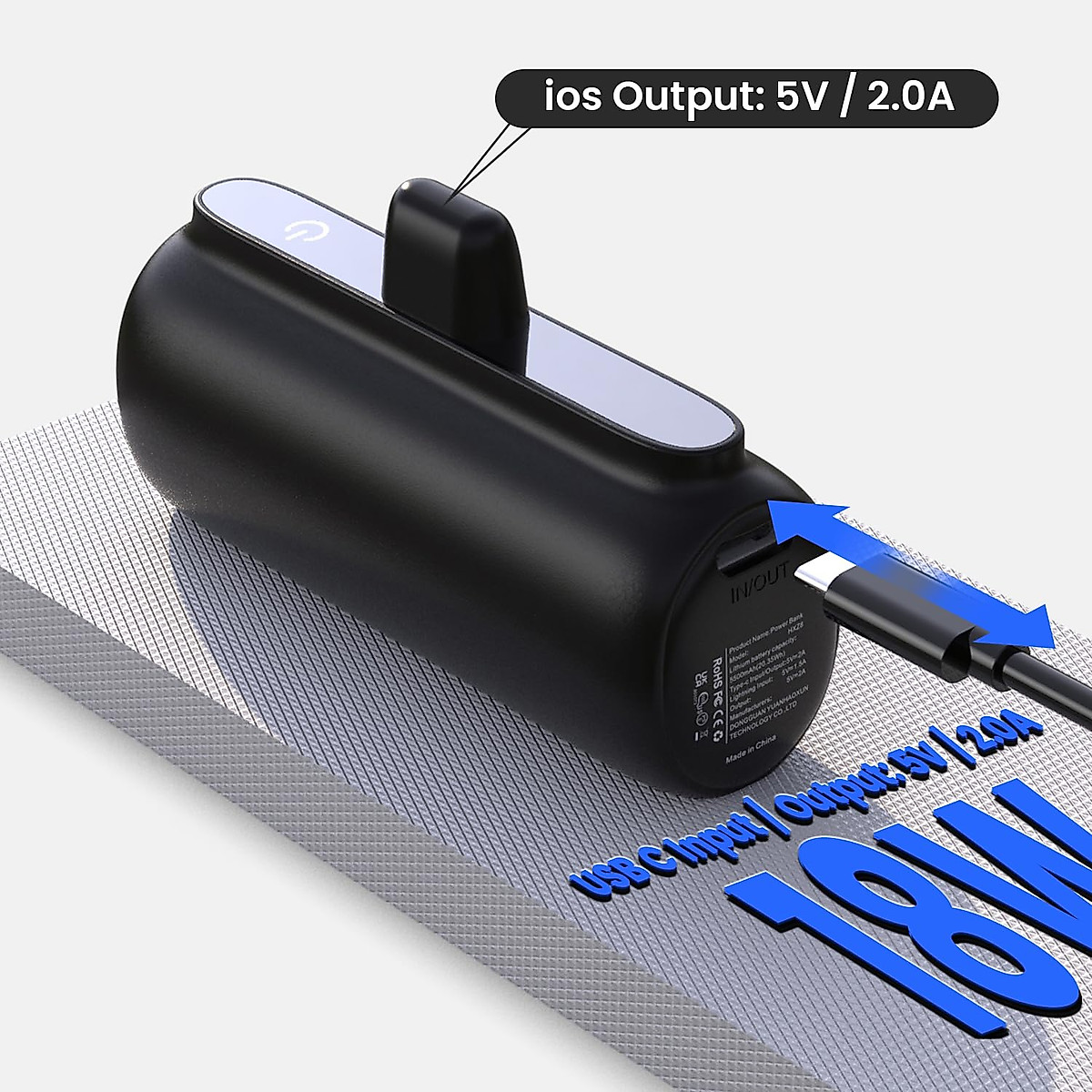 HUAENG Small Portable Charger 5500mAh Power Bank Plug in iOS Connector, 18W PD Fast Charging External Battery Pack Compatible with All iPhone 14 13 12 11 pro max xs iPad and Airpods-Black