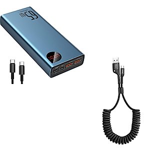 Baseus Power Bank, 65W 20000mAh Laptop Portable Charger USB Type C Cable for Car, Retractable Cable(3FT) Curly USB A to USB-C Fast Charger Cord
