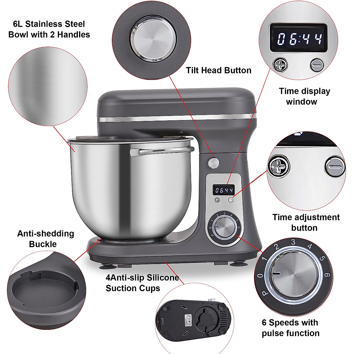 Biolomix Kitchen Electric Stand Mixer, 6-Speed Tilt-Head Food Mixer with 6.5-QT Stainless Steel Bowl, Dough Hook, Flat Beater, Whisk and Anti-Splash Cover, Red (6.5-QT, Gray)