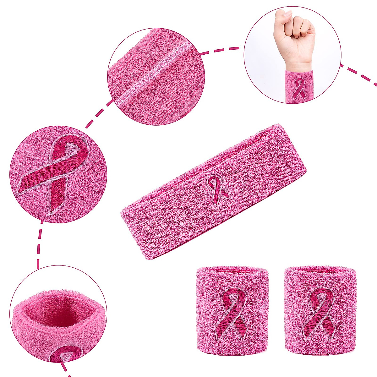 Breast Cancer Awareness Wristbands,Pink Sweatbands Set Includes Sports Headband & Wristband,Pink Headband for Gym Basketball Football Tennis Cycling Fitness Breast Cancer Awareness Mont