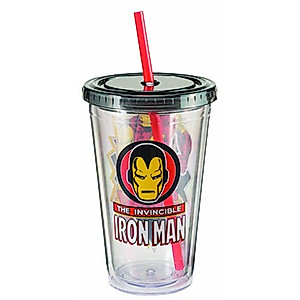 VANDOr LLC 26414 Marvel Iron Man 18 oz Acrylic Travel Cup with Lid and Straw, Red, Back, and Yellow -