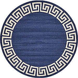 Unique Loom Athens Collection Classic Geometric Modern Border Design Area Rug, Round 8' 0" x 8' 0", Navy Blue/Beige