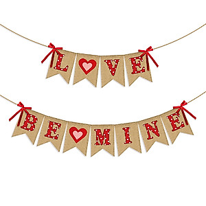Love Be Mine Banner with Red Pink Heart - NO DIY - Valentine's Day Decorations - Rustic Farmhouse Valentine's Day Faux Burlap Banner | Be Mine Bunting Garland for Home Mantle | Valentines Photo Props