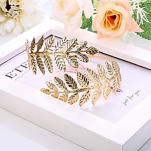 Finrezio Greek Goddess Headband Arm Cuff Bridal Jewelry Set Roman Laurel Leaf Branch Crown Armlet Upper Arm Band Bracelet Adjustable (A:Gold tone)
