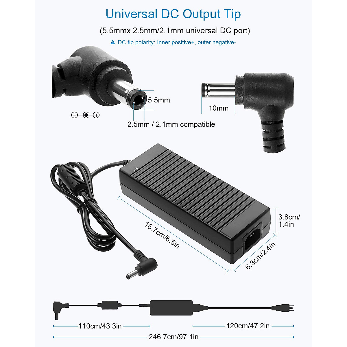 ALITOVE AC 100-240V to DC 12V 10A Power Supply Adapter Converter Transformer 12 Volt 10 Amp 120W with 5.5mm x 2.5mm 2.1mm DC Output Jack for 5050 3528 LED Strip Light CCTV Cameras 3D Printer
