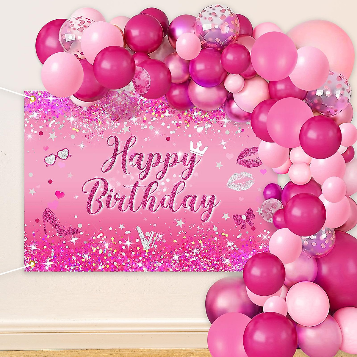 Avezano Hot Pink Birthday Party Decorations, Red Pink Confetti Foil Balloons Garland Arch Kit, 65Pcs Sweet Pink Glitter Birthday Party Supplies, Birthday Photo Backdrop Banner for Girl Women (65 Pcs)