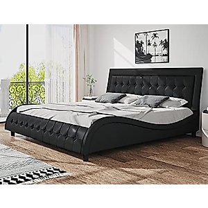 SHA CERLIN King Size Box-Tufted Platform Bed Frame/Faux Leather Upholstered Bed Frame with Adjustable Headboard/Wood Slat Support/Wave-Like Modern Bed/Low Profile/Black