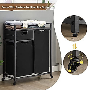 Taiweny Laundry Sorter Rolling Cart, Laundry Hamper with Heavy Duty Wheels, Laundry Basket Organizer with 2 Removable Bags, Drawer & Shelf for Laundry room, Bathroom (Black-Brown)