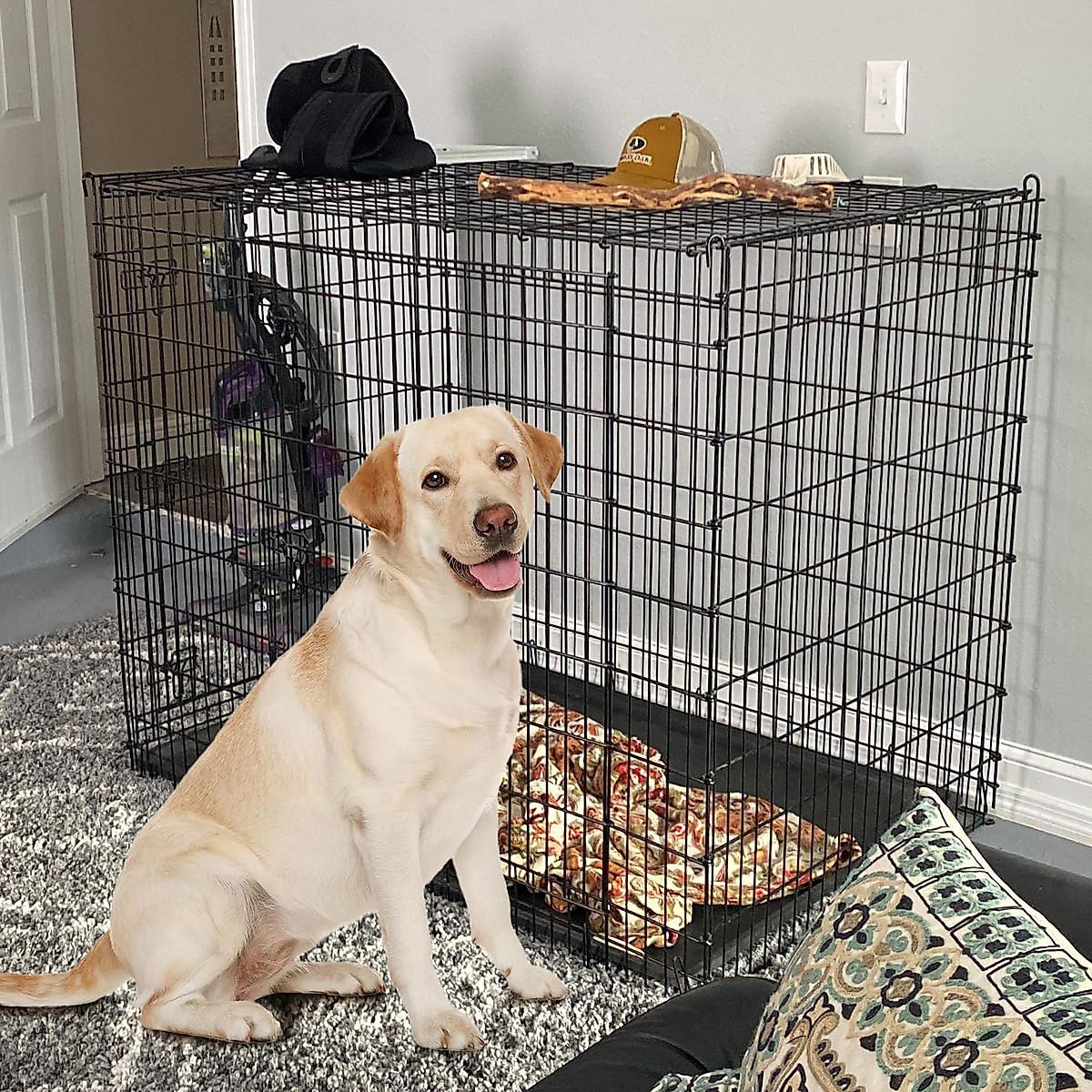 48 Inches Dog Crate Large Foldable Dog Kennel Metal Wire Pet Dog Cage with Double-Door Leak-Proof Tray Divider Panel and Handle for Dog Cat Pet,Black 48”X31”X29”