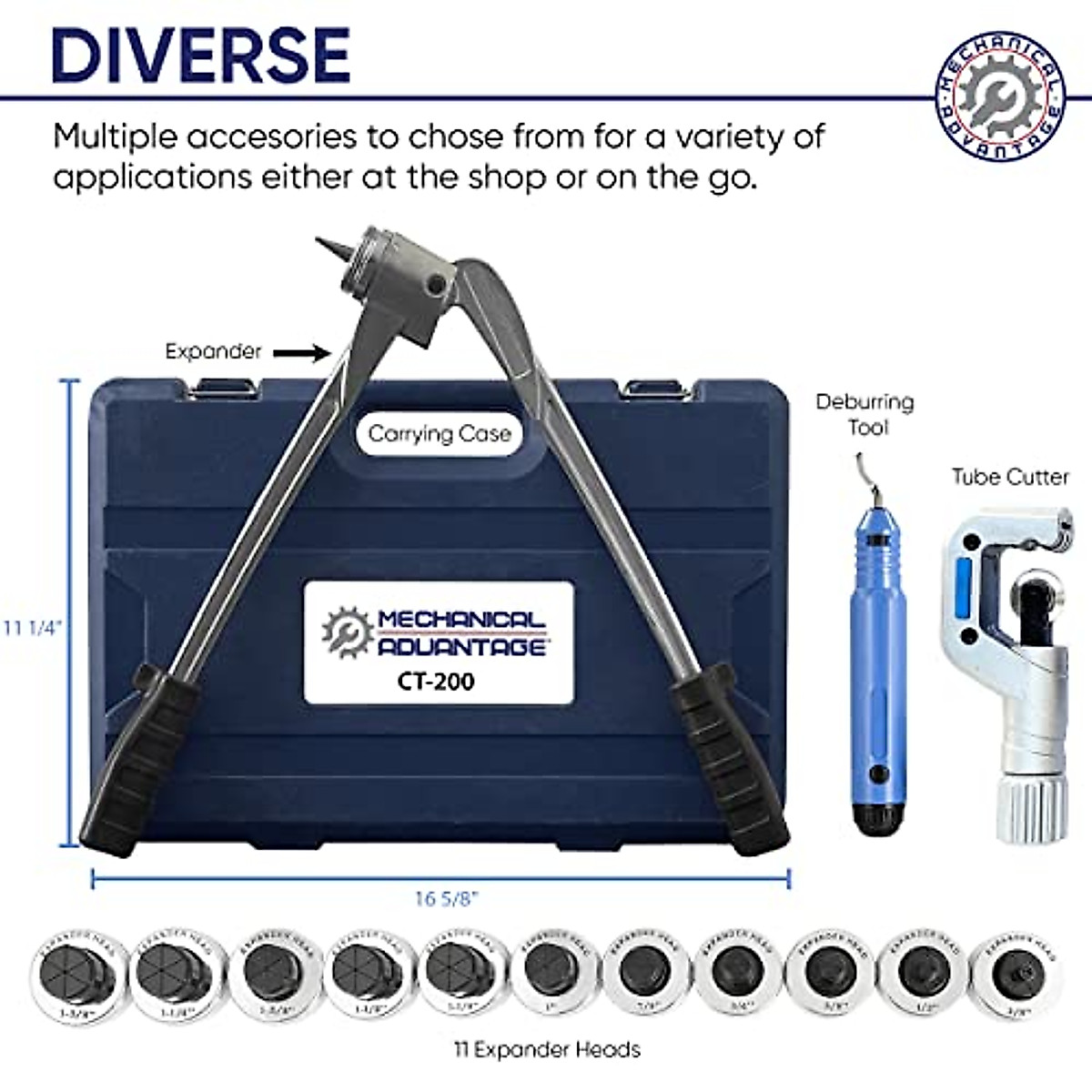 Professional Manual Swage Tube Expander Tool Kit – Full Swage HVAC Plumber Set - Electroplated Cast Iron w/Case, Tube Cutter, & Deburring Tool – 11 Sizes - 3/8 to 1 5/8 inch – By Mechanical Advantage