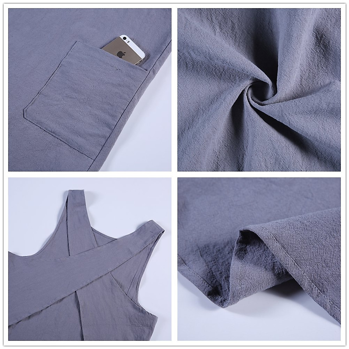 Soft Cotton Linen Apron Solid Color Halter Cross Bandage Aprons Japanese Style X Shape Double Pockets Round Skirt Kitchen Cooking Clothes Chef Summer Fit (Navy Blue)