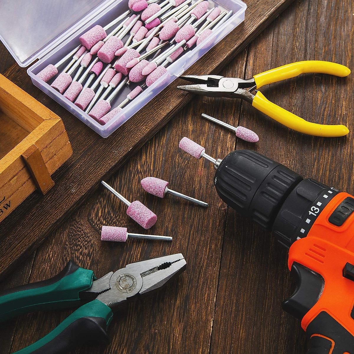 48 Pieces Abrasive Mounted Stone Grinding Wheel Head Mounted Grinding Point Stone Heads with Box Compatible with Rotary Tool, 1/8 Inch Shank and 6 Sizes (Pink, Aluminium Oxide)