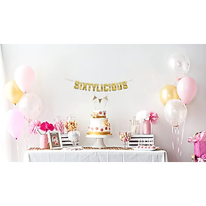 Sixtylicious Gold Glitter Banner - Happy 60th Birthday Party Banner - 60th Wedding Anniversary Decorations - Milestone Birthday Party Decorations