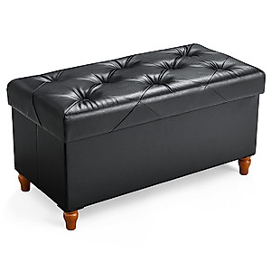 Nicehill 30 inches Folding Storage Ottoman Bench with Wooden Legs, Ottoman with Storage for Living Room & Bedroom,Faux Leather, Load 350lbs, Black