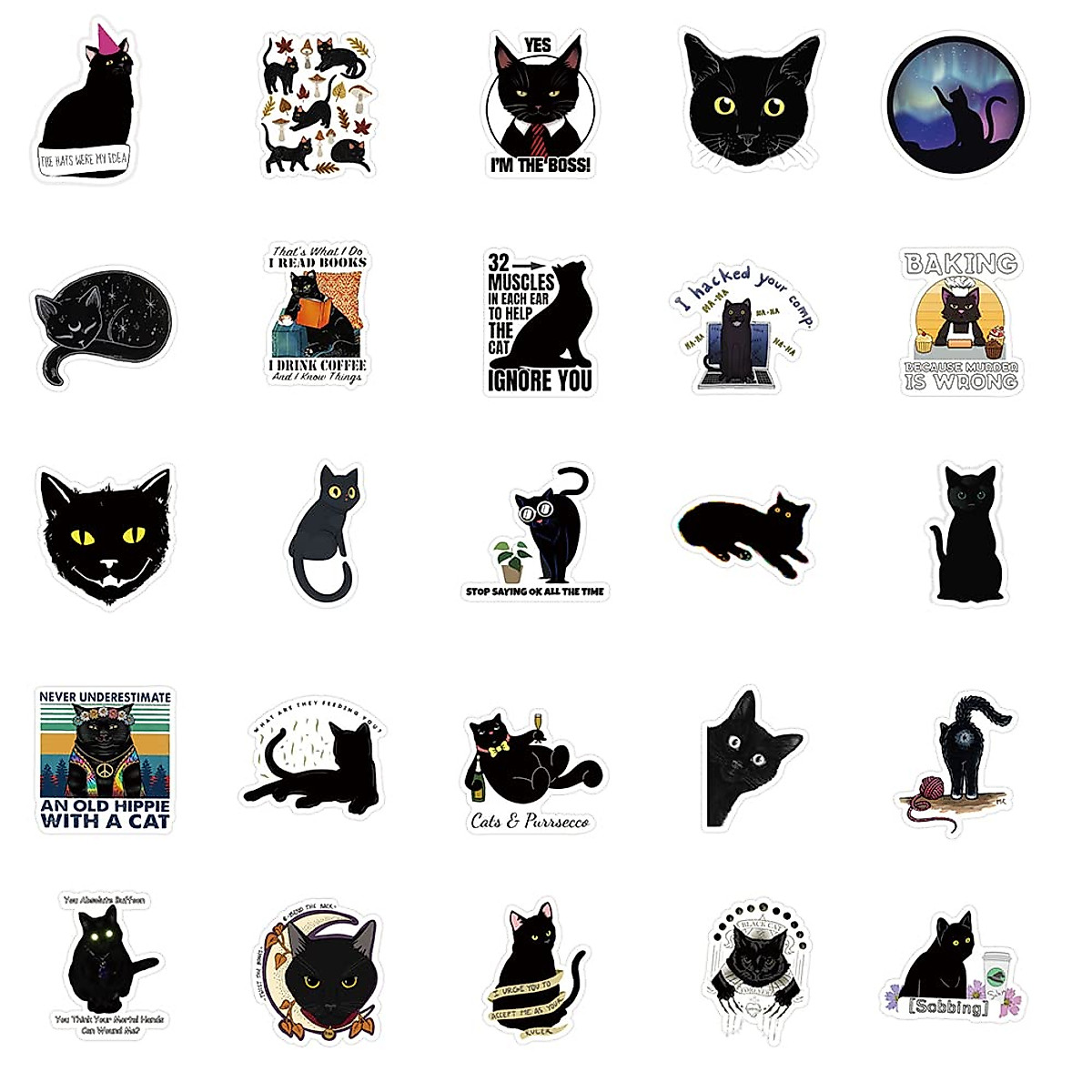 63Pcs Black Cat Stickers Pack，Cute Cool Vinyl Waterproof Stickers for Water Bottle,Skateboard,Laptop,Phone,Scrapbooking,Car Decals Gifts for Kids Teens Adults for Party Supplies Decor…
