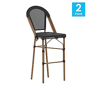 Flash Furniture Marseille Indoor/Outdoor Commercial Bistro Stacking Bar Stool - Black Textilene Back and Seat - Natural Bamboo Print Metal Frame, 2 Pack
